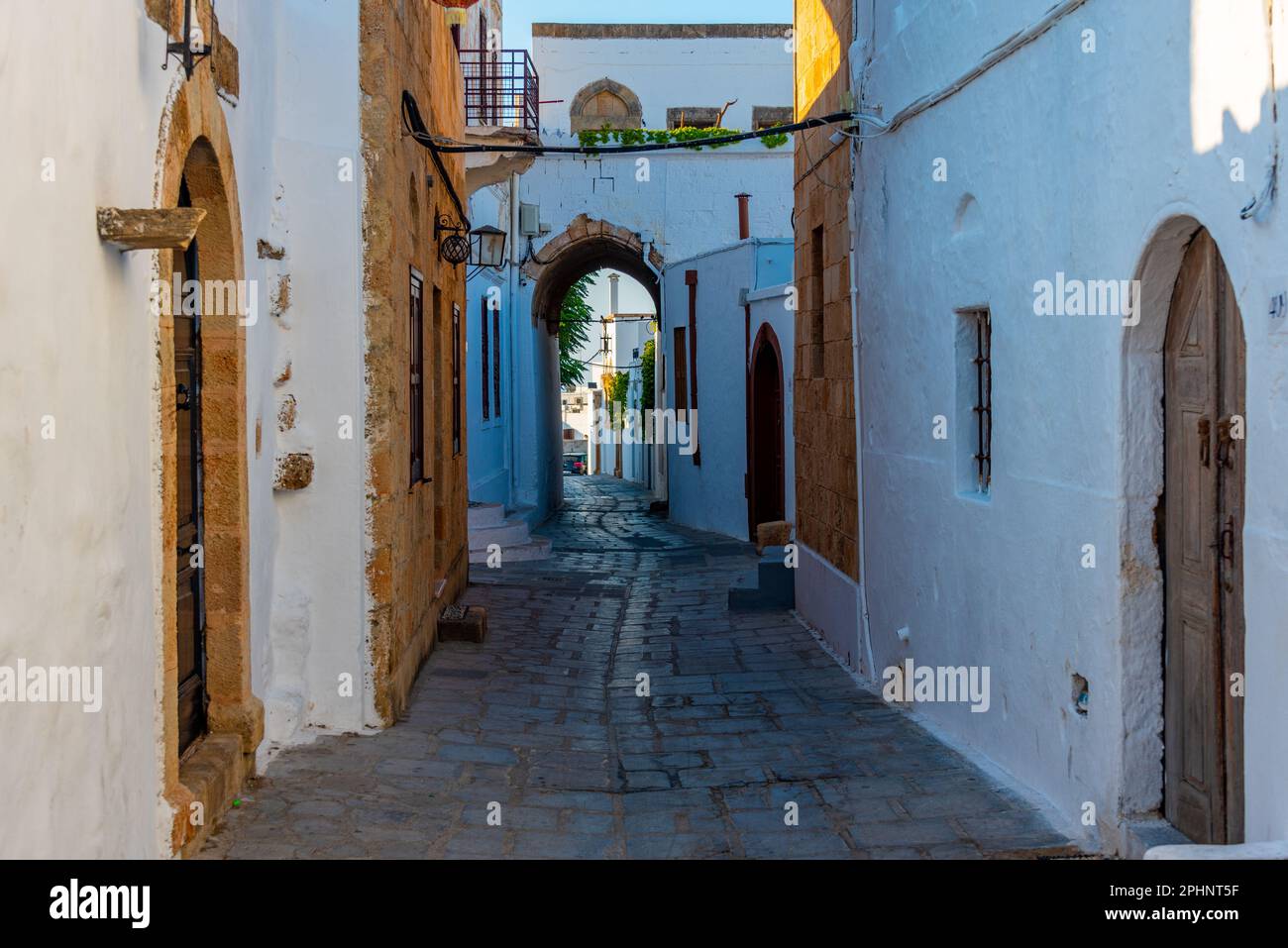 White streets of Greek town Lindos at Rhodes island Stock Photo - Alamy
