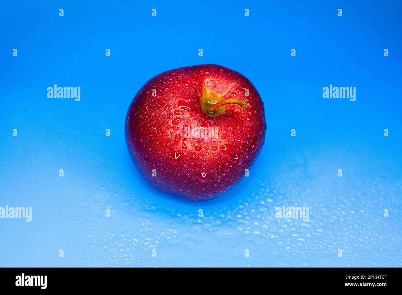 The drops of water on the red apple on the blue background. 2023-03-17 ...