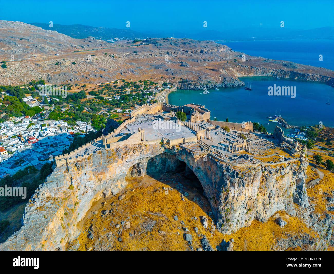 Aerial view of Lindos Acropolis at Greek island Rhodes Stock Photo - Alamy