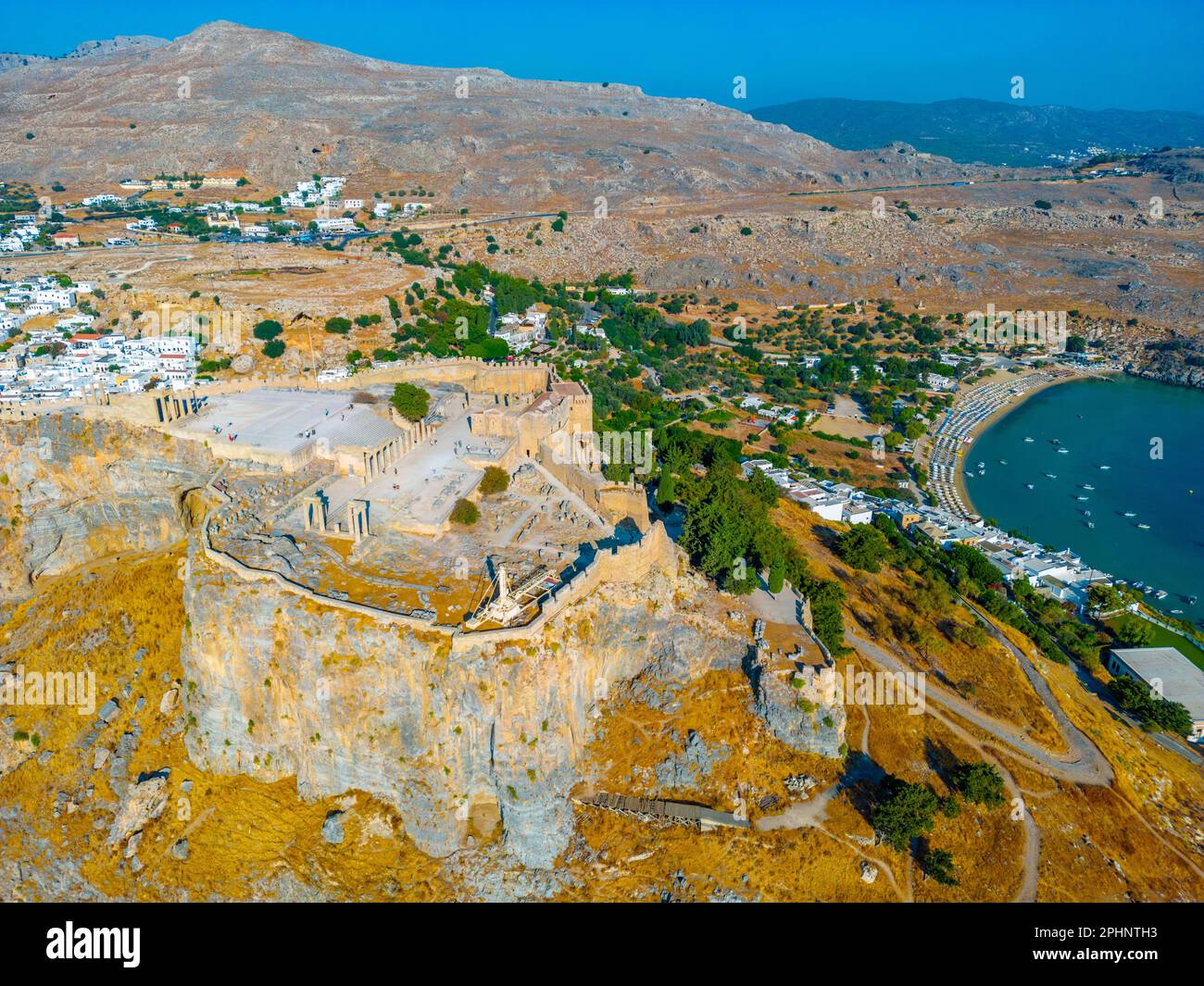 Aerial view of Lindos Acropolis at Greek island Rhodes Stock Photo - Alamy