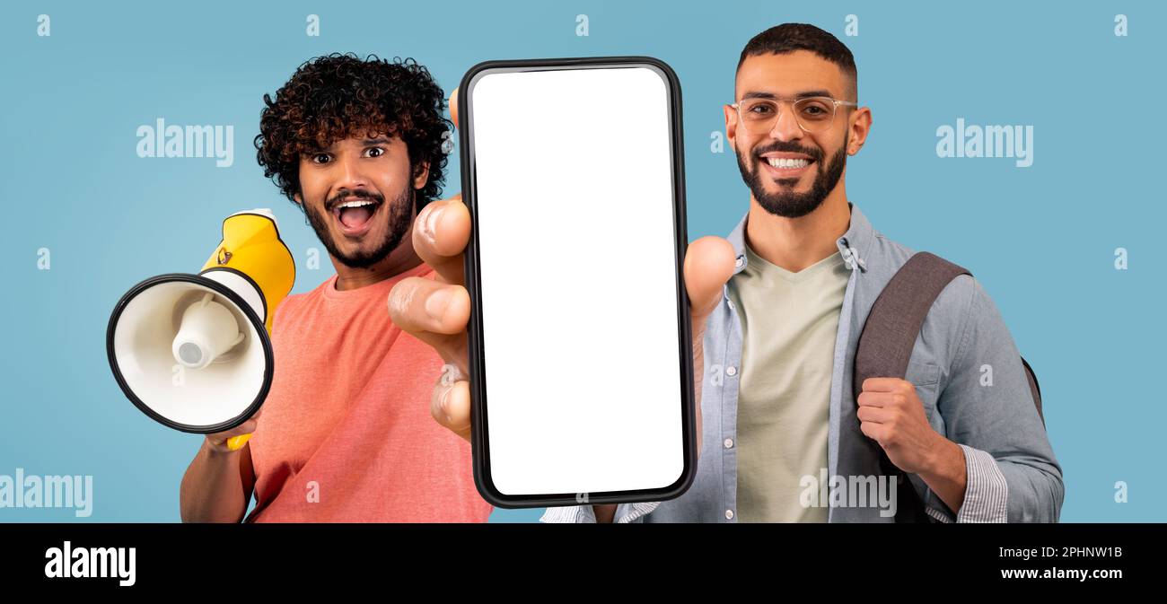 Mobile Offer. Two Multiethnic Guys Using Megaphone And Showing Big ...