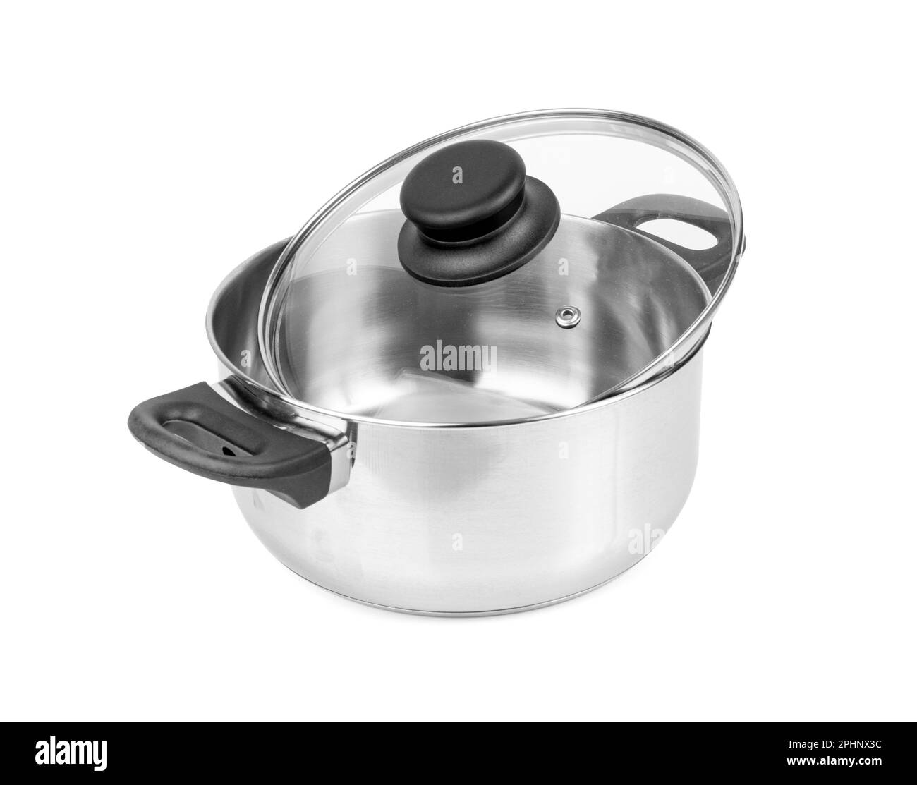 New cooking pot isolated. Metal saucepan with glass lid, soup ...