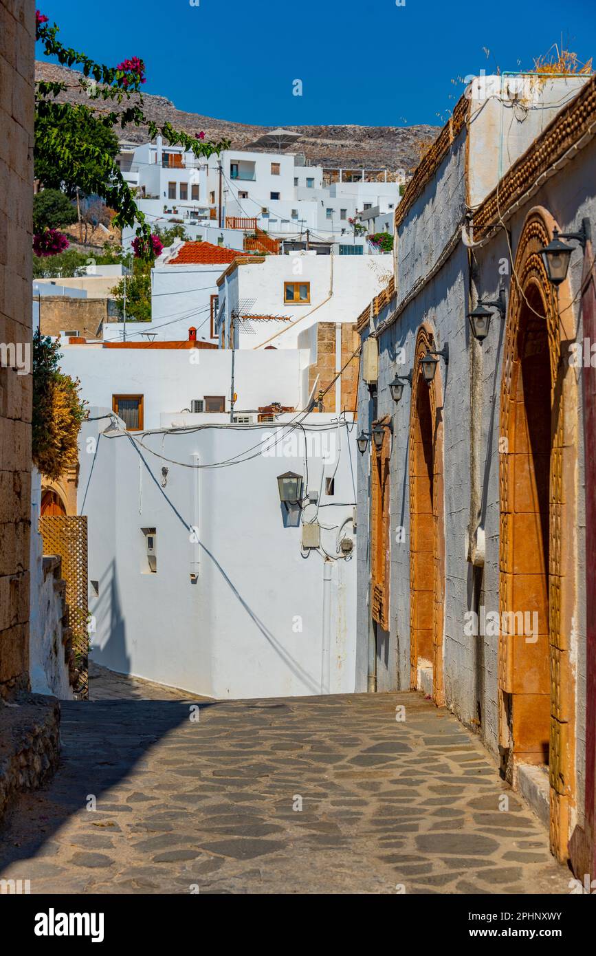 White streets of Greek town Lindos at Rhodes island Stock Photo - Alamy