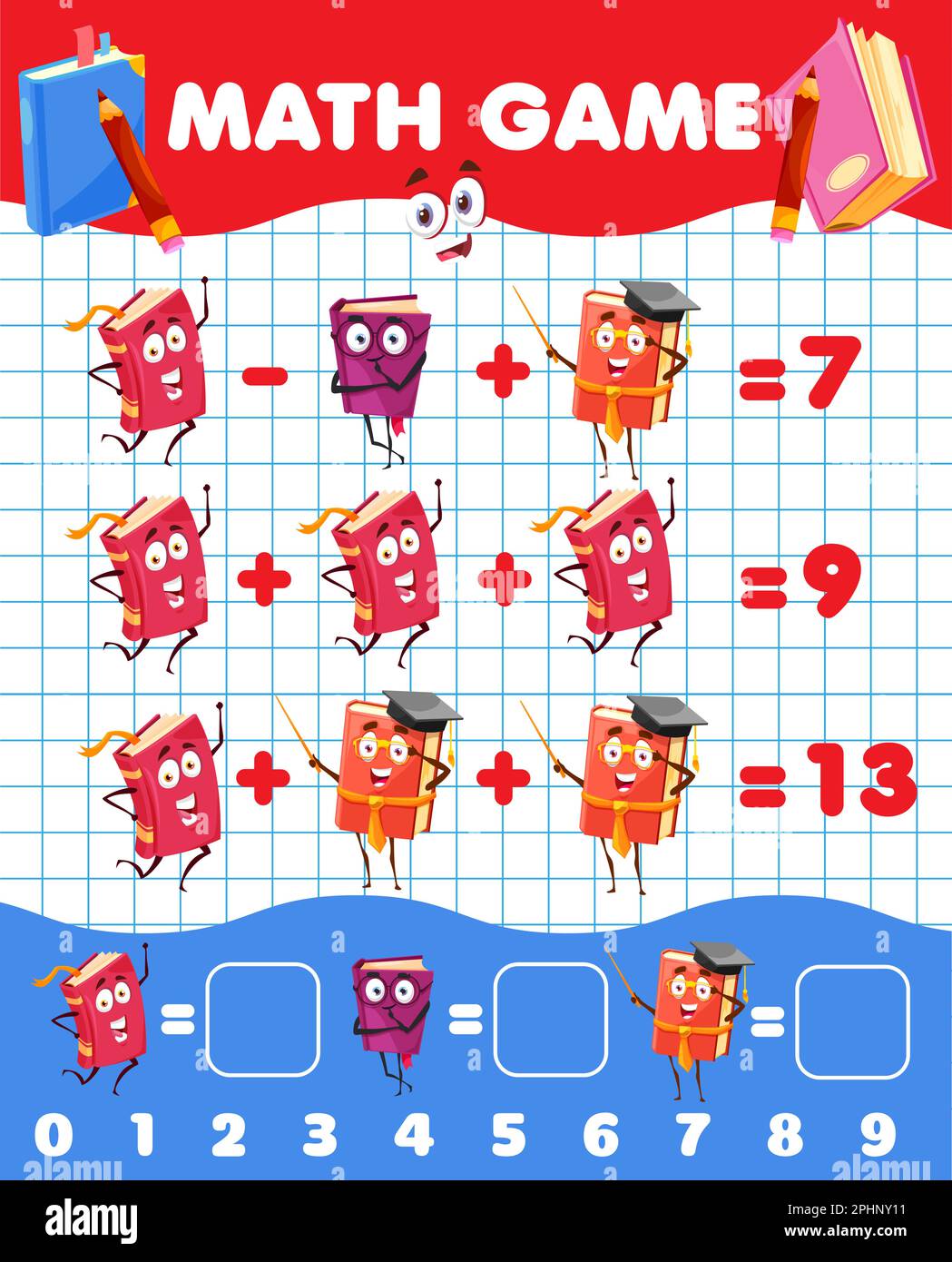 Cartoon books and textbooks math game worksheet. Vector mathematics ...