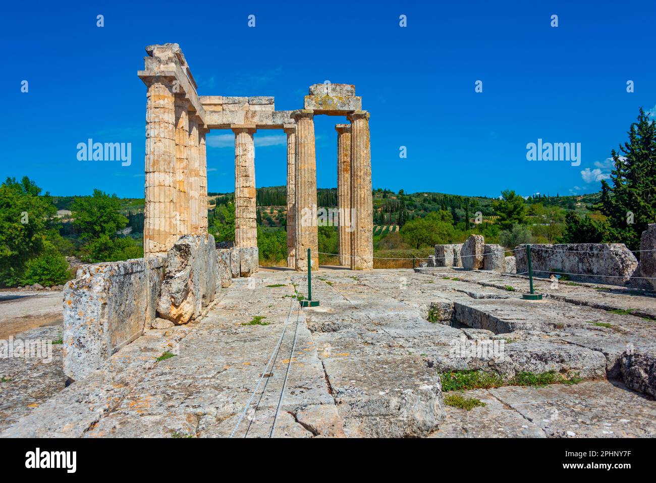 Ruins of temple of Zeus at ancient Nemea complex in Greece Stock Photo ...