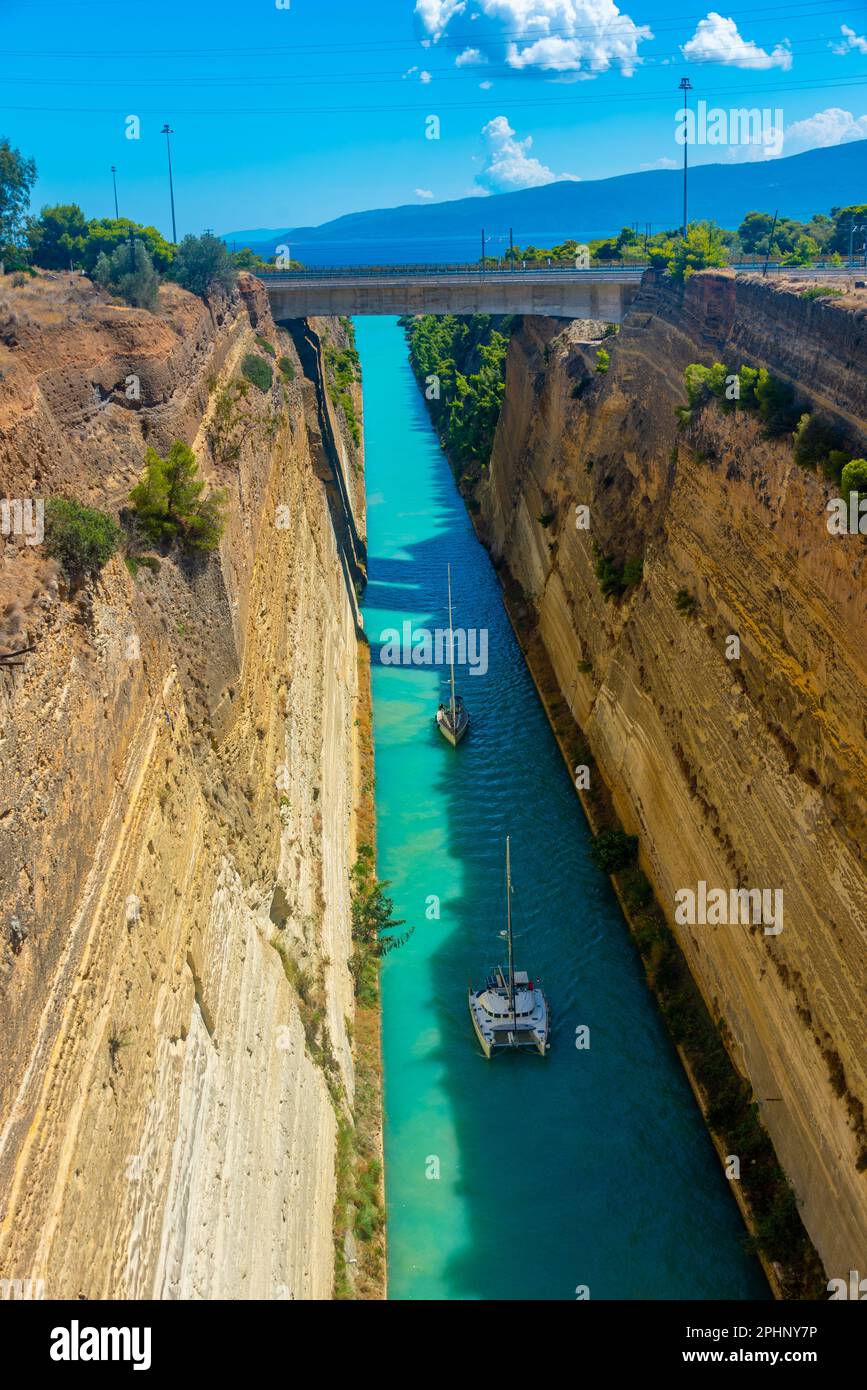 Boats cruising the Corinth channel in Greece Stock Photo - Alamy