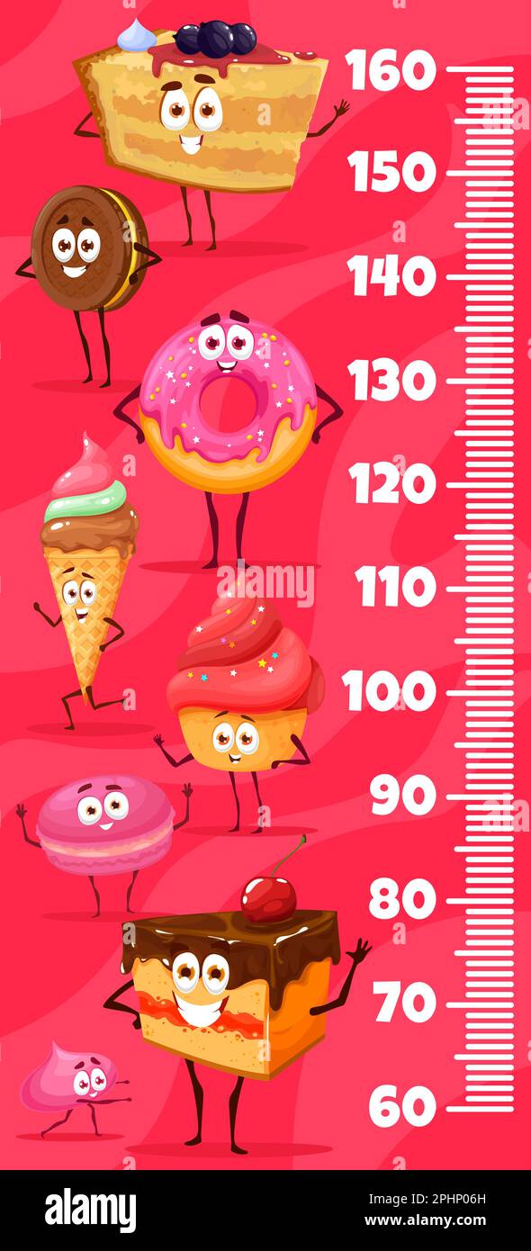 Kids height ruler cartoon bakery, sweets and dessert characters. Vector ...