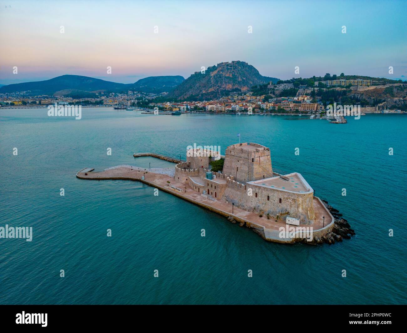 Bourtzi fortress and panorama view of Greek town Nafplio Stock Photo ...