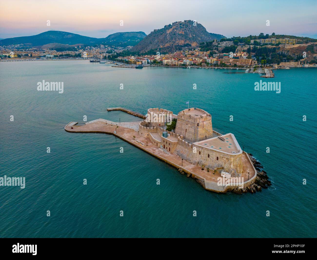 Bourtzi fortress and panorama view of Greek town Nafplio Stock Photo ...