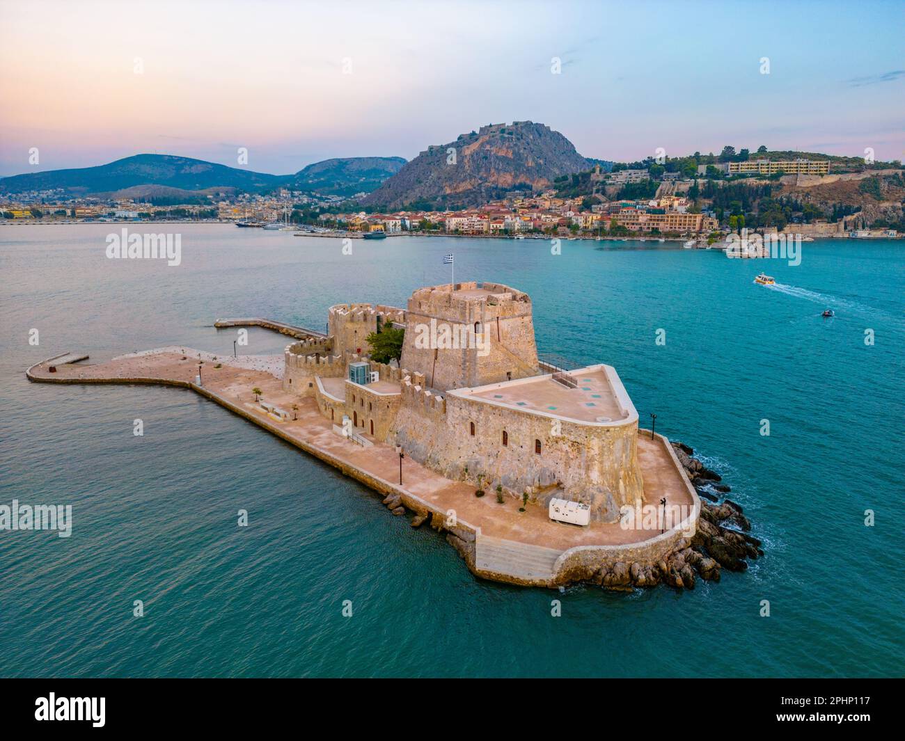 Bourtzi fortress and panorama view of Greek town Nafplio Stock Photo ...