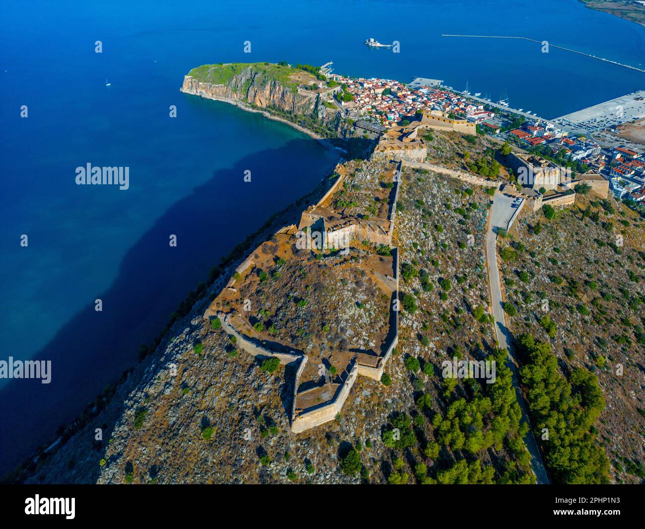 Panorama view of Palamidi fortress and Greek town Nafplio Stock Photo ...