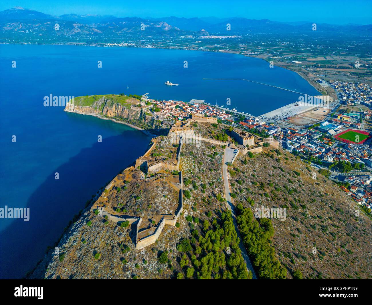 Panorama view of Palamidi fortress and Greek town Nafplio Stock Photo ...