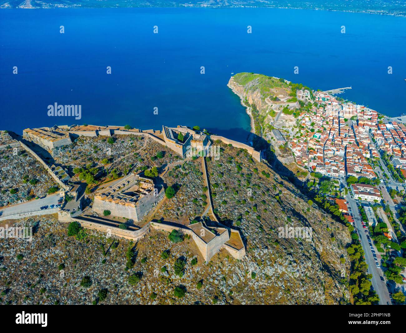 Panorama view of Palamidi fortress and Greek town Nafplio Stock Photo ...