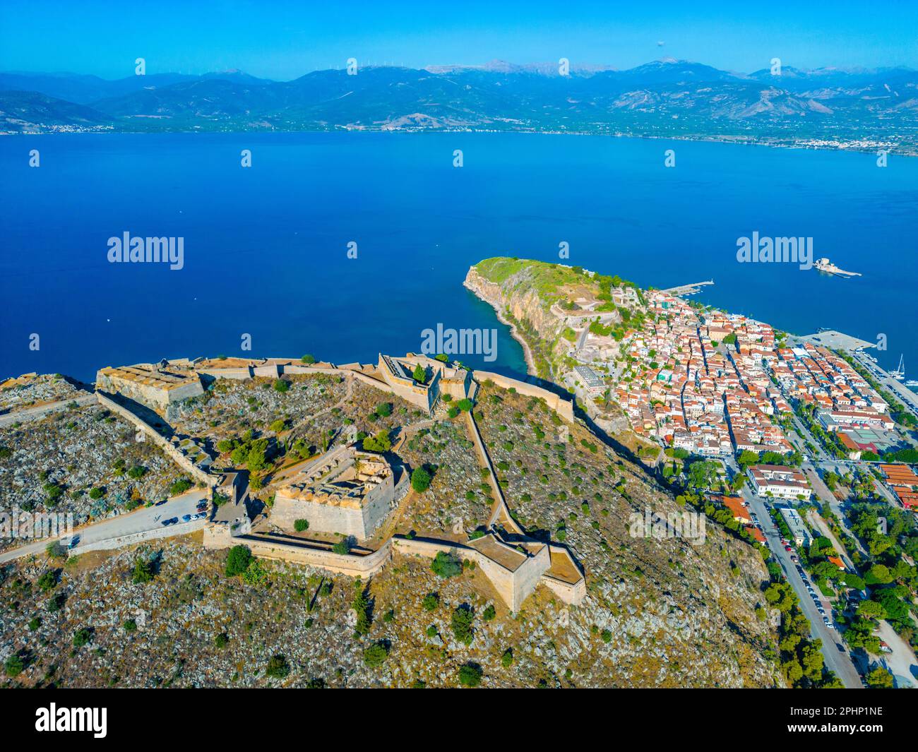 Panorama view of Palamidi fortress and Greek town Nafplio Stock Photo ...