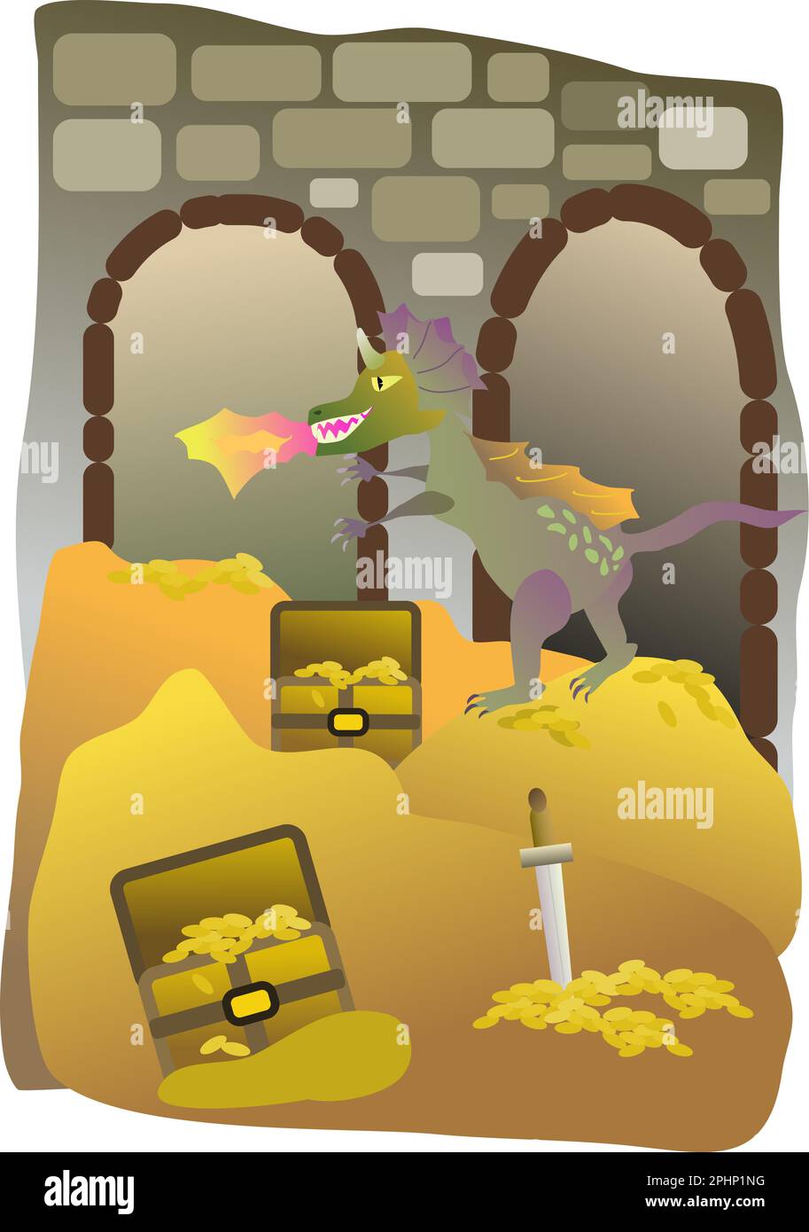 Illustration of dragon and lost treasure Stock Photo - Alamy