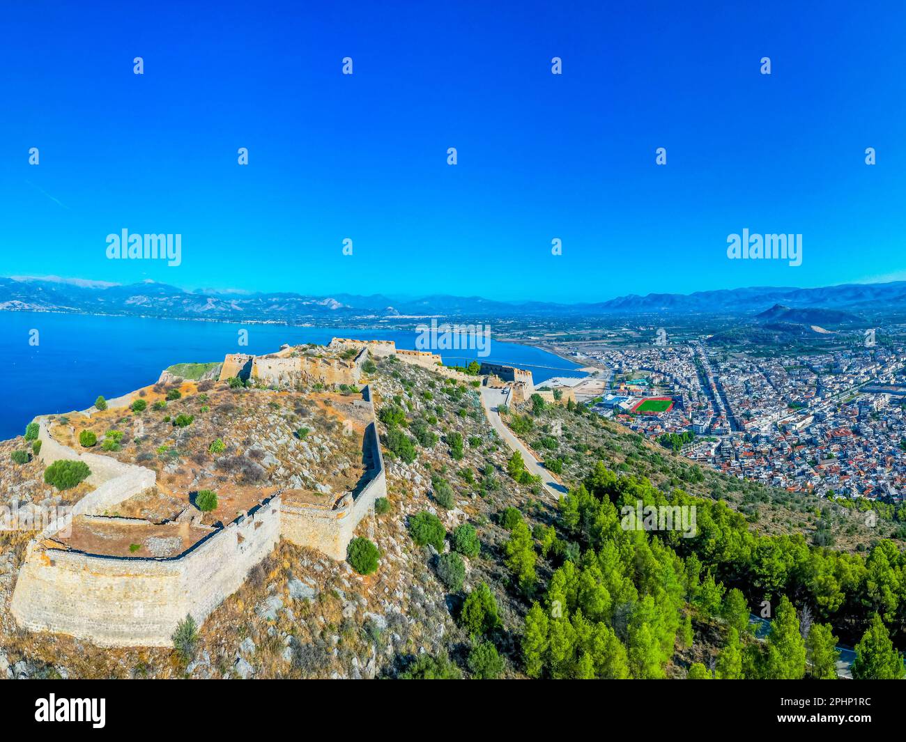 Panorama view of Palamidi fortress and Greek town Nafplio Stock Photo ...