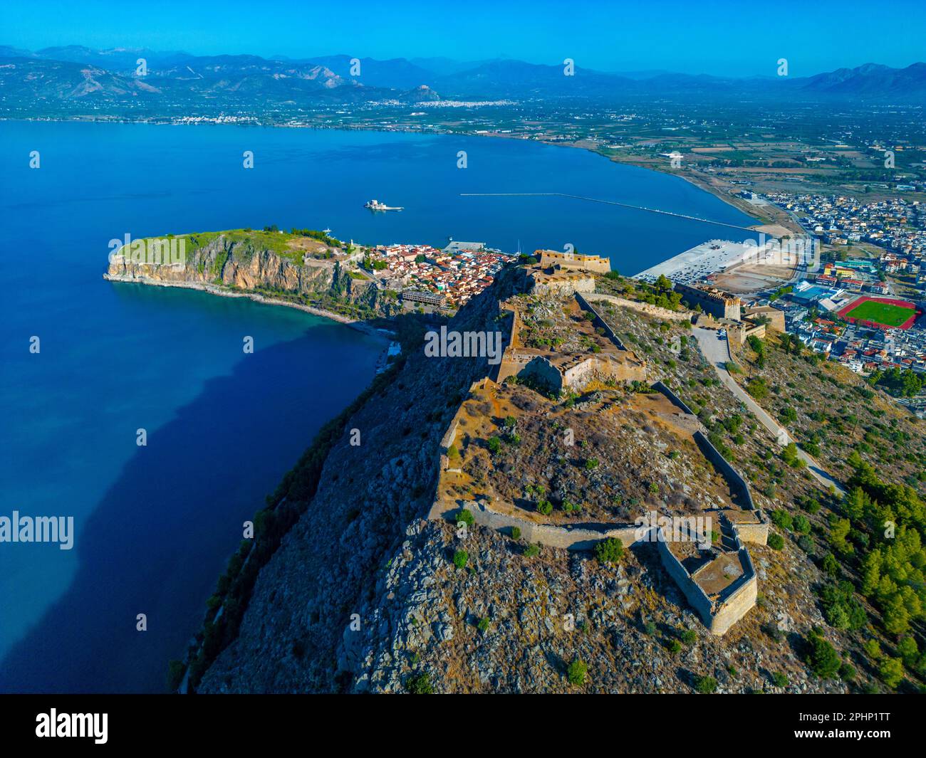 Panorama view of Palamidi fortress and Greek town Nafplio Stock Photo ...