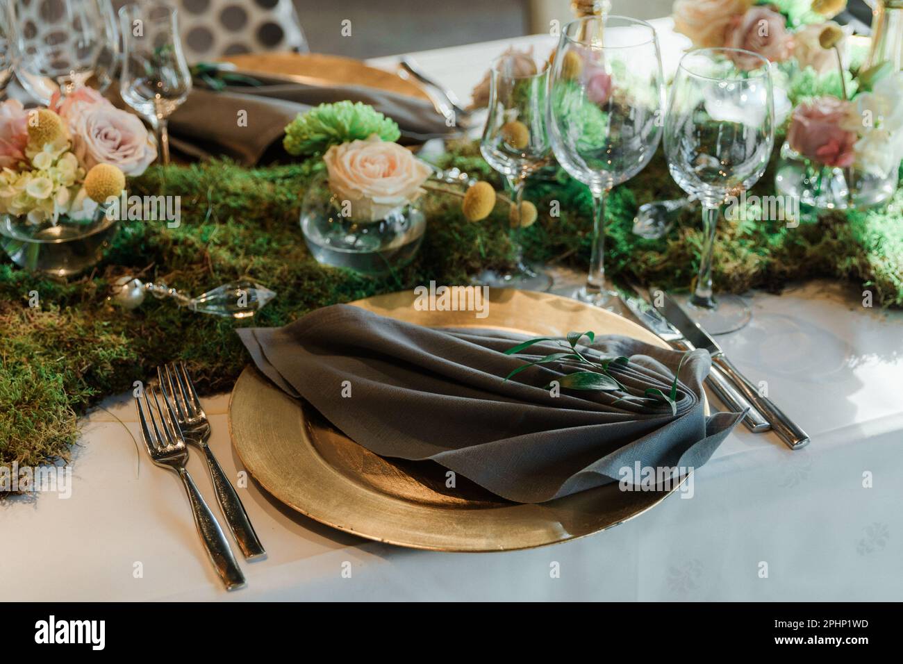 Festive table setting for a wedding or another catered event dinner ...