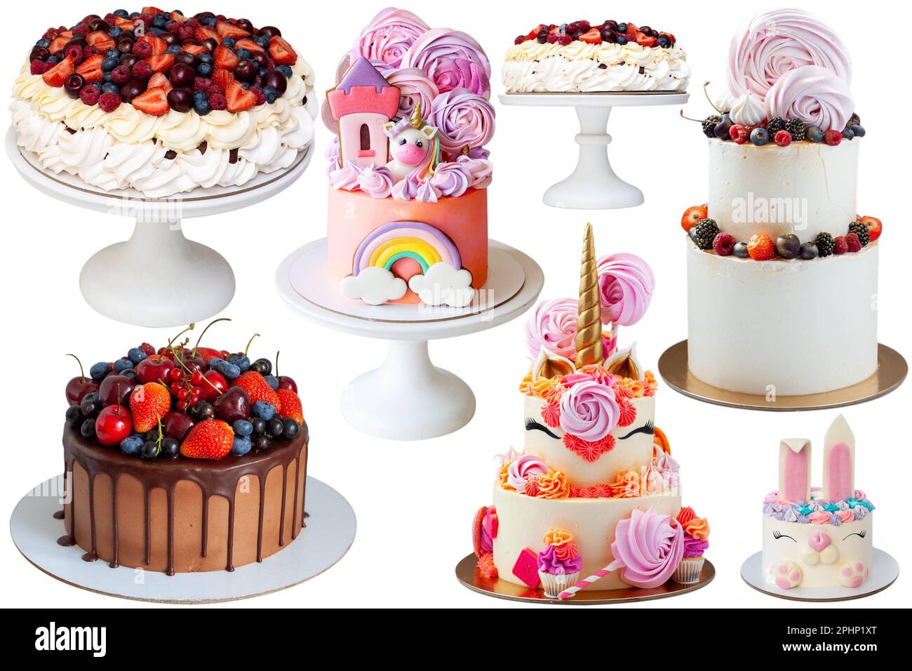 Set of different birthday cakes decorated with fresh berries, candy ...