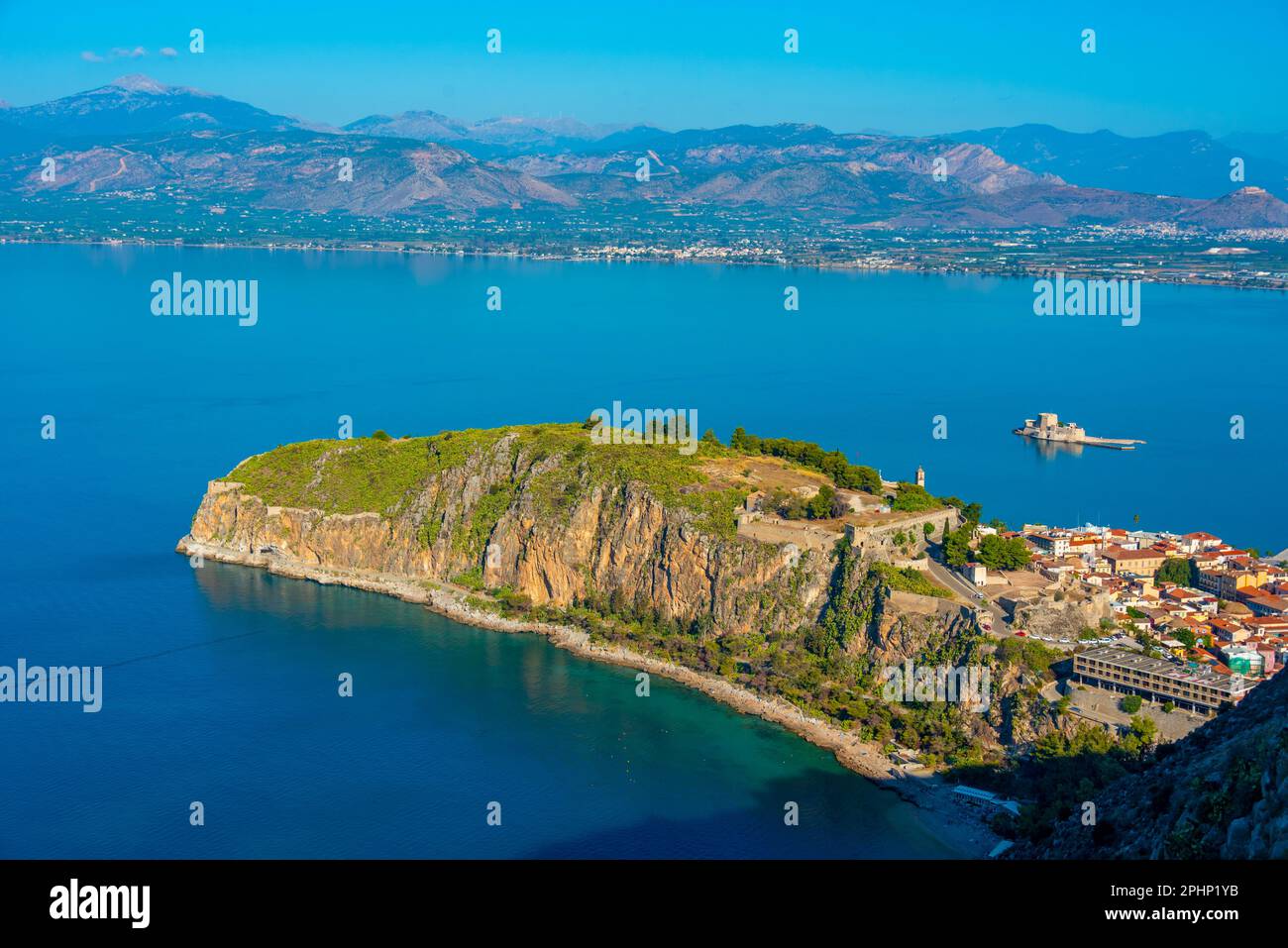 Panorama view of Akronafplia's Castle and Bourtzi fortress in Nafplio ...