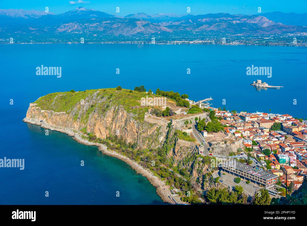 Panorama view of Akronafplia's Castle and Bourtzi fortress in Nafplio ...