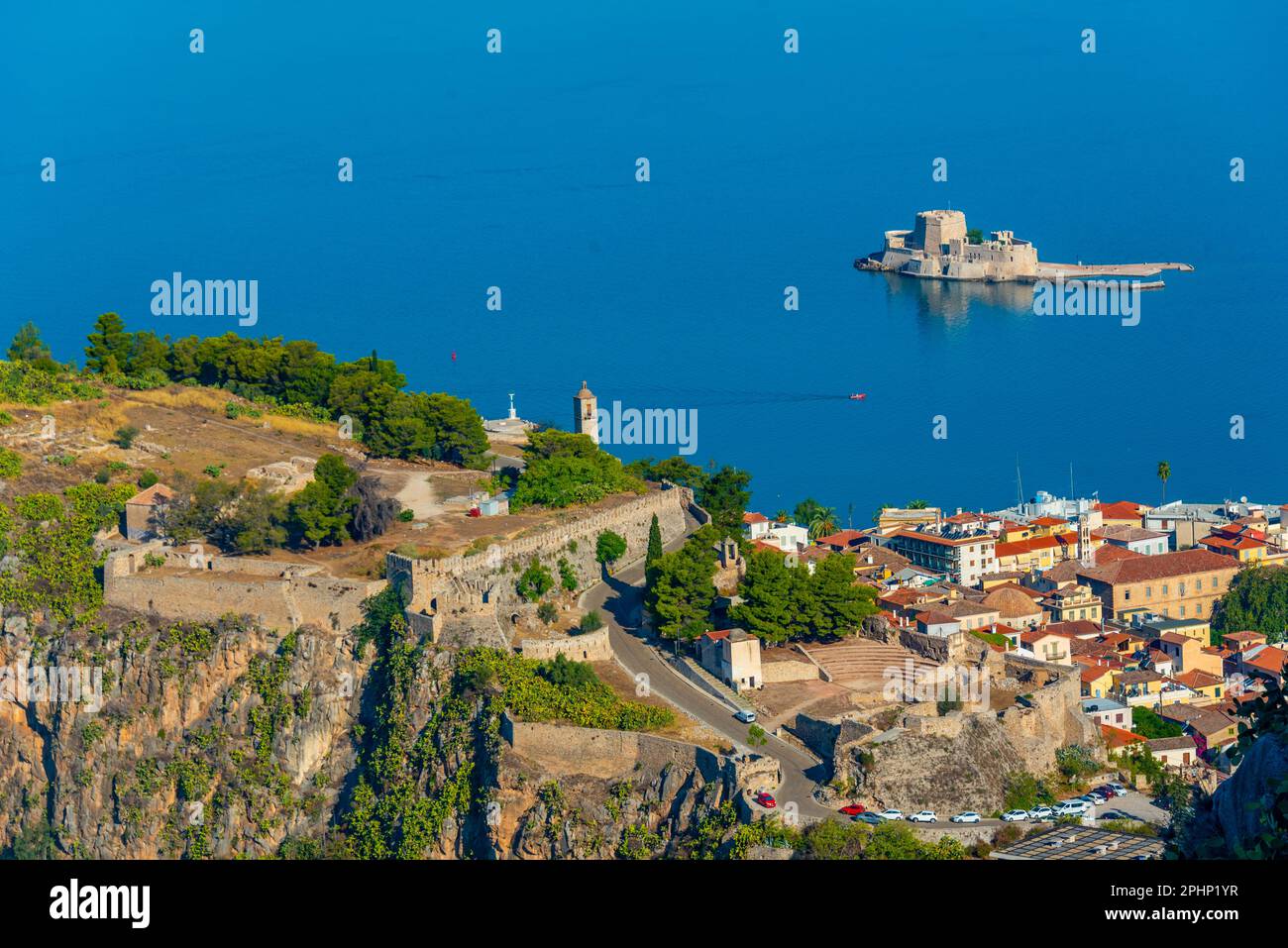 Panorama view of Akronafplia's Castle and Bourtzi fortress in Nafplio ...