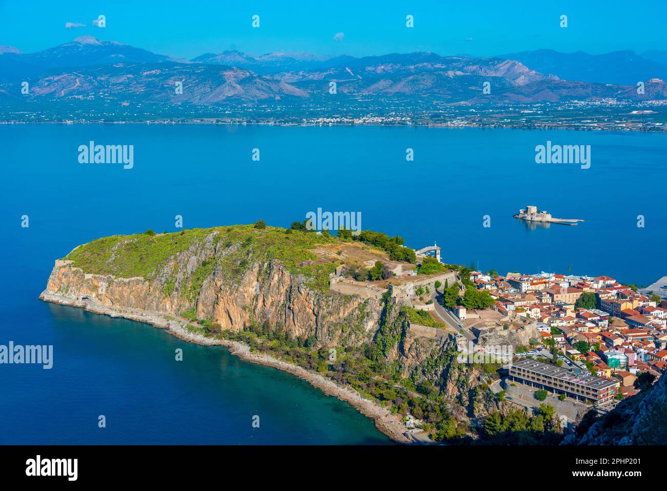 Panorama view of Akronafplia's Castle and Bourtzi fortress in Nafplio ...