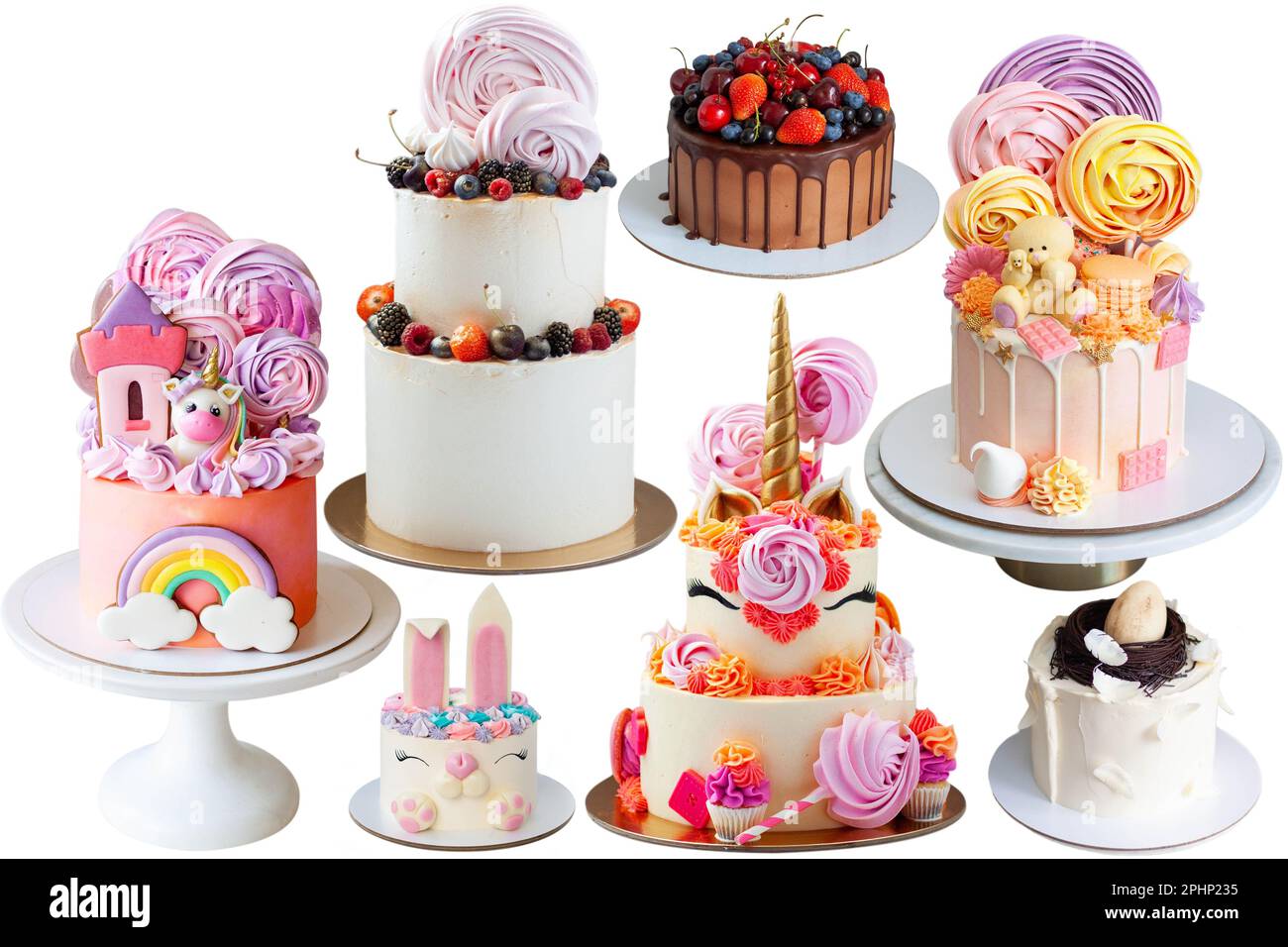 Set of different birthday cakes decorated with fresh berries, candy ...