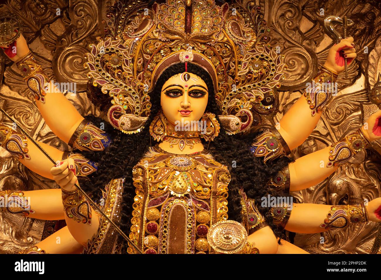 Goddess devi Durga idol decorated at a puja pandal in Kolkata, West ...