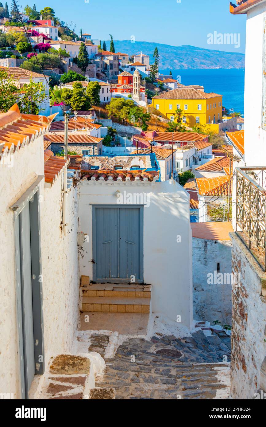 Summer day on a street in Greek town Hydra Stock Photo - Alamy