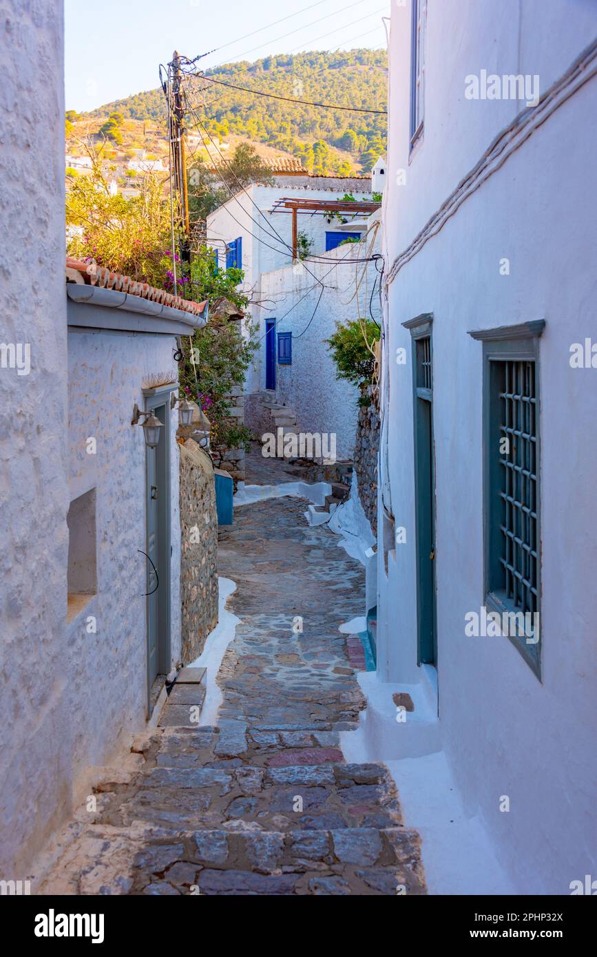Summer day on a street in Greek town Hydra Stock Photo - Alamy