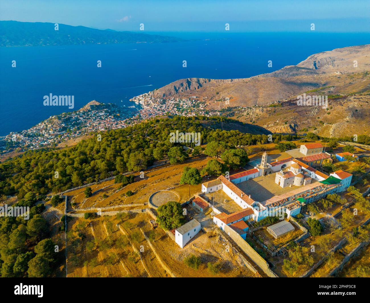 Panorama view of Hydra town and Prophet Elias Monastery in Greece Stock ...