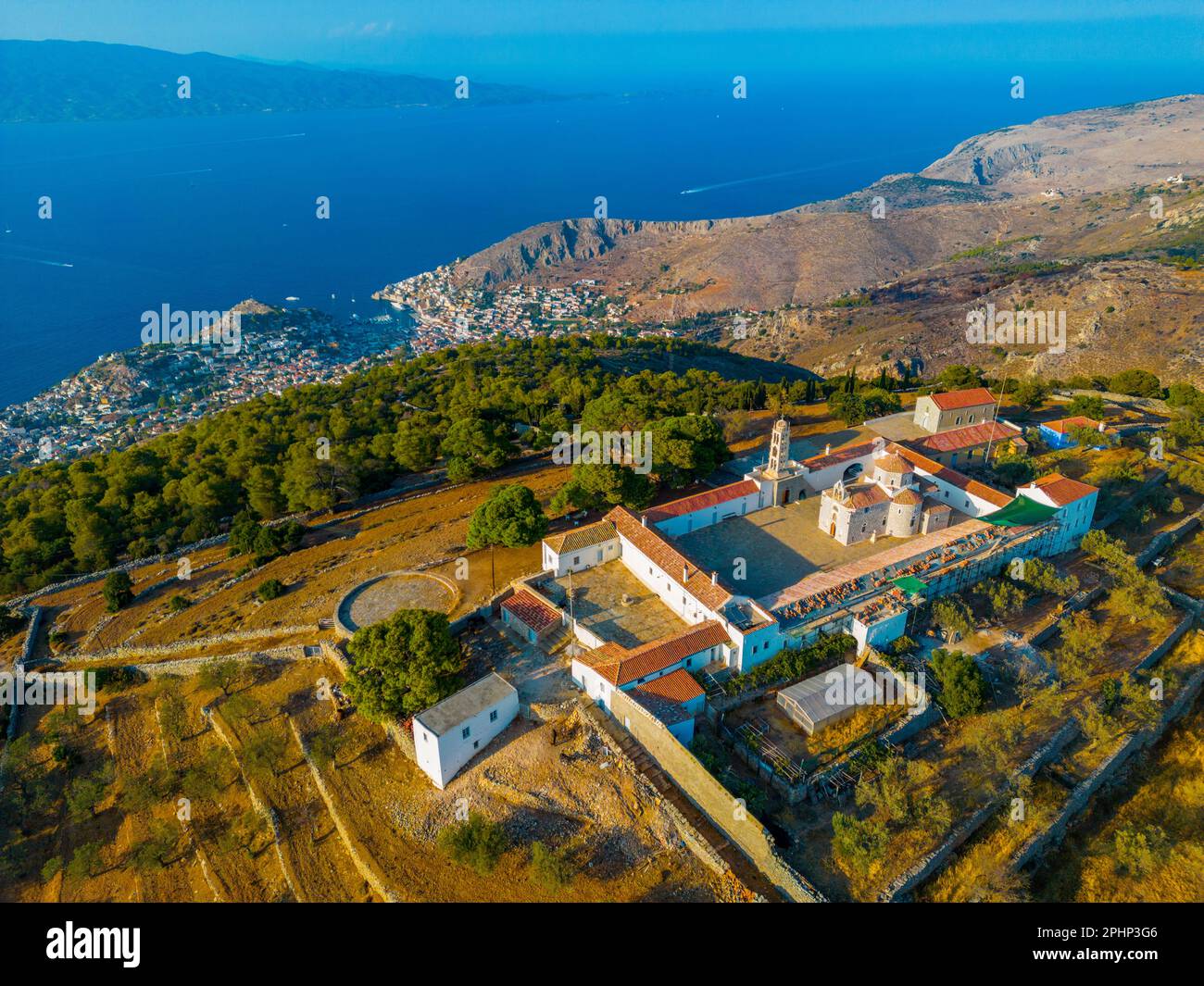 Panorama view of Hydra town and Prophet Elias Monastery in Greece Stock ...
