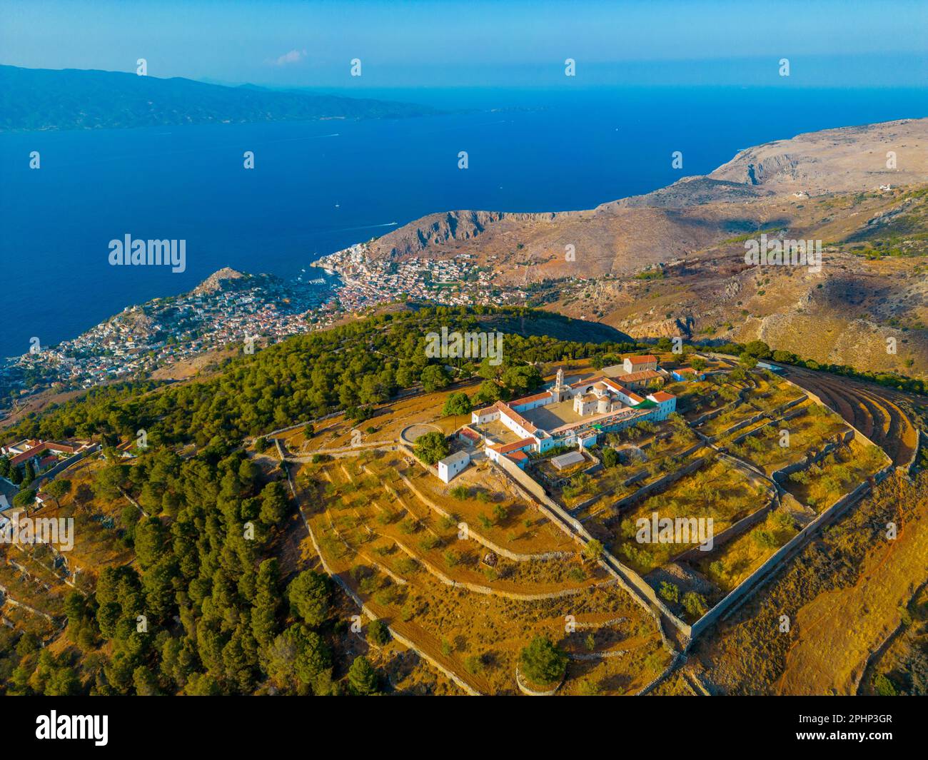 Panorama view of Hydra town and Prophet Elias Monastery in Greece Stock ...
