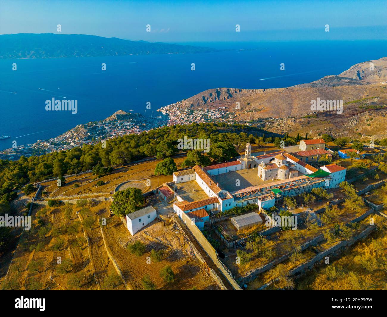 Panorama view of Hydra town and Prophet Elias Monastery in Greece Stock ...