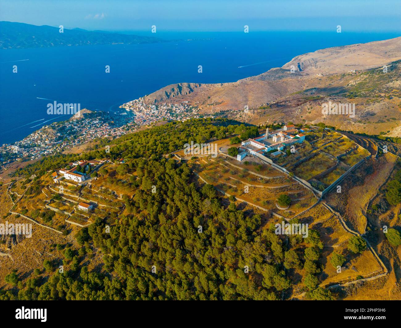 Panorama view of Hydra town and Prophet Elias Monastery in Greece Stock ...