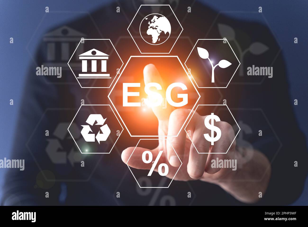 Global ESG technology concept. Man's hand presses a holographic button ...