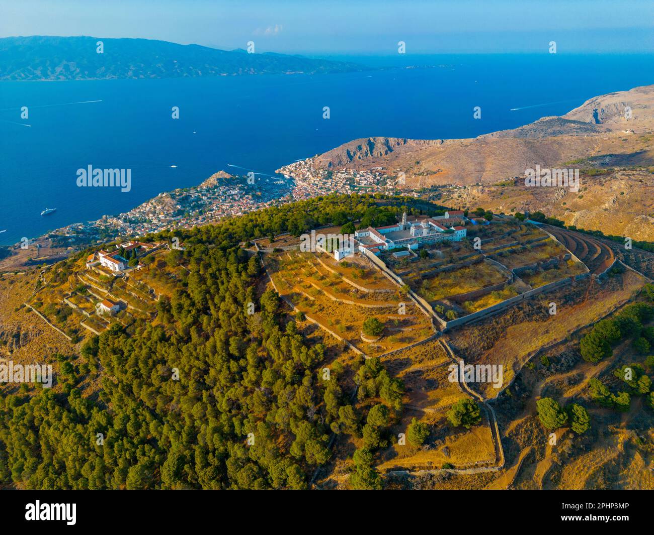 Panorama view of Hydra town and Prophet Elias Monastery in Greece Stock ...
