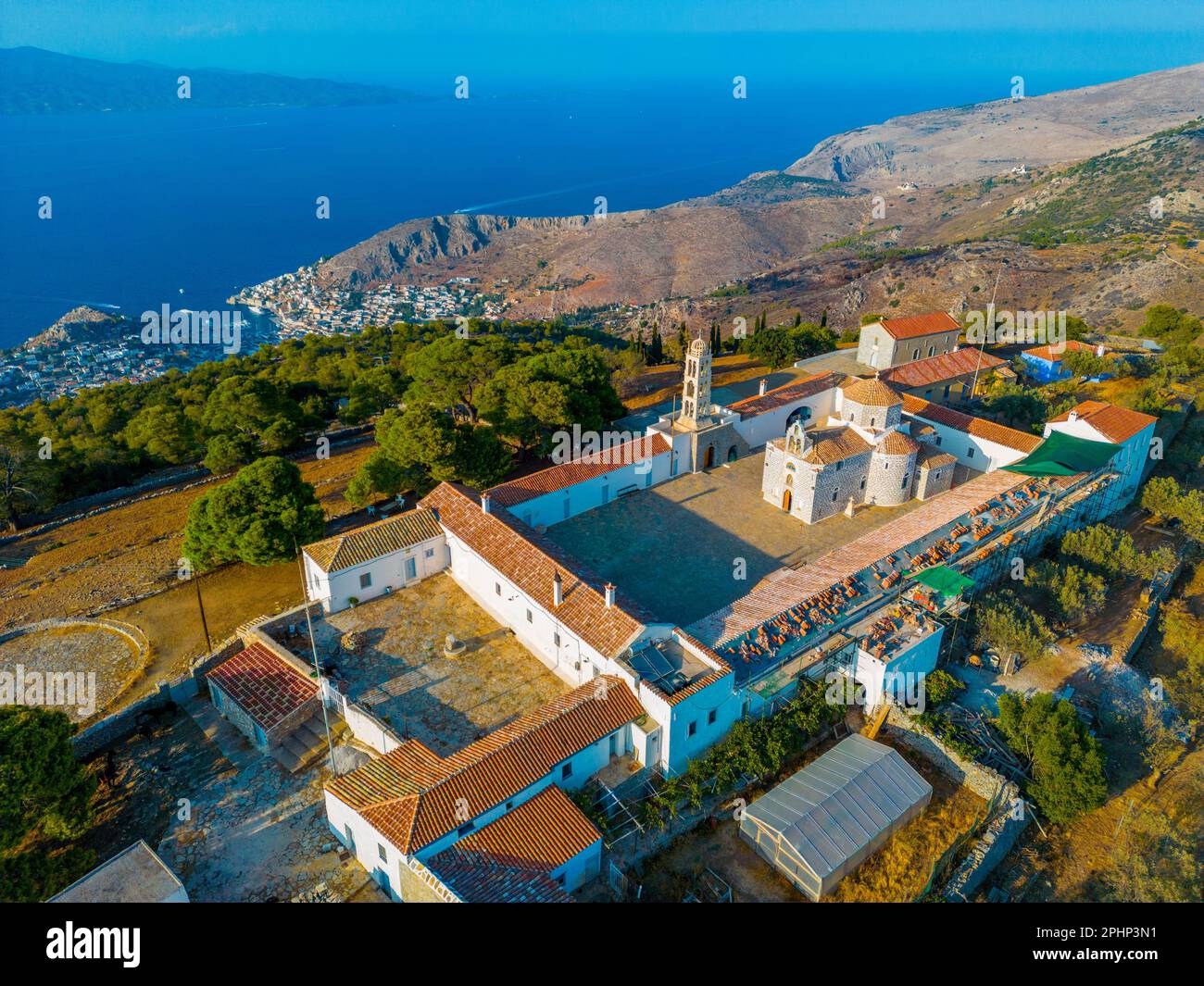 Panorama view of Hydra town and Prophet Elias Monastery in Greece Stock ...