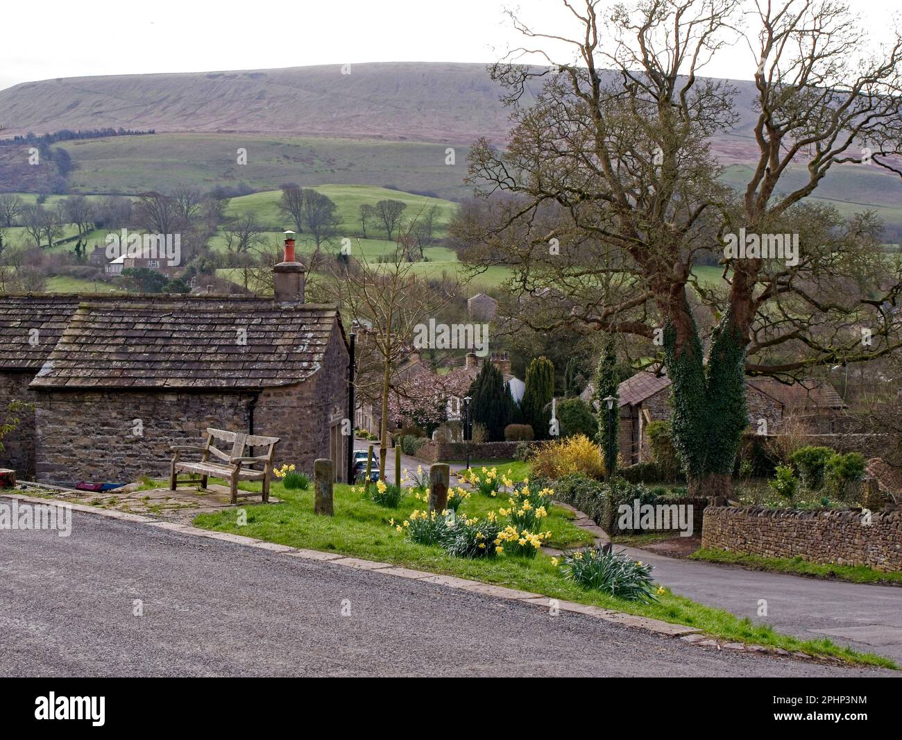 Top of High Street looking towards Pendle Hill Downham, Lancashire ...