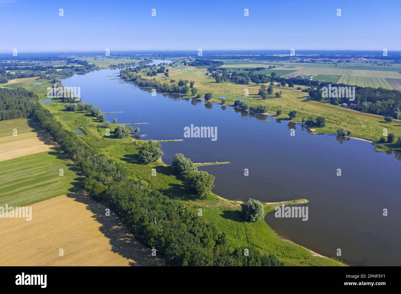 Aerial view over the river Elbe flowing through the Lower Saxon Elbe ...