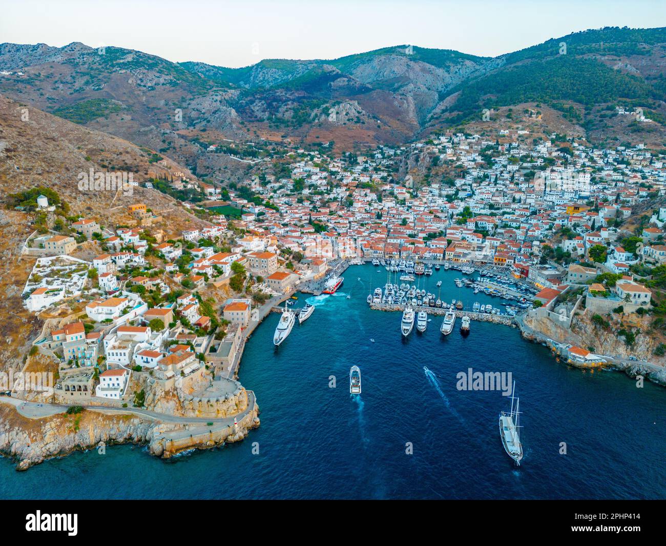 Sunset panorama view of Hydra town in Greece Stock Photo - Alamy