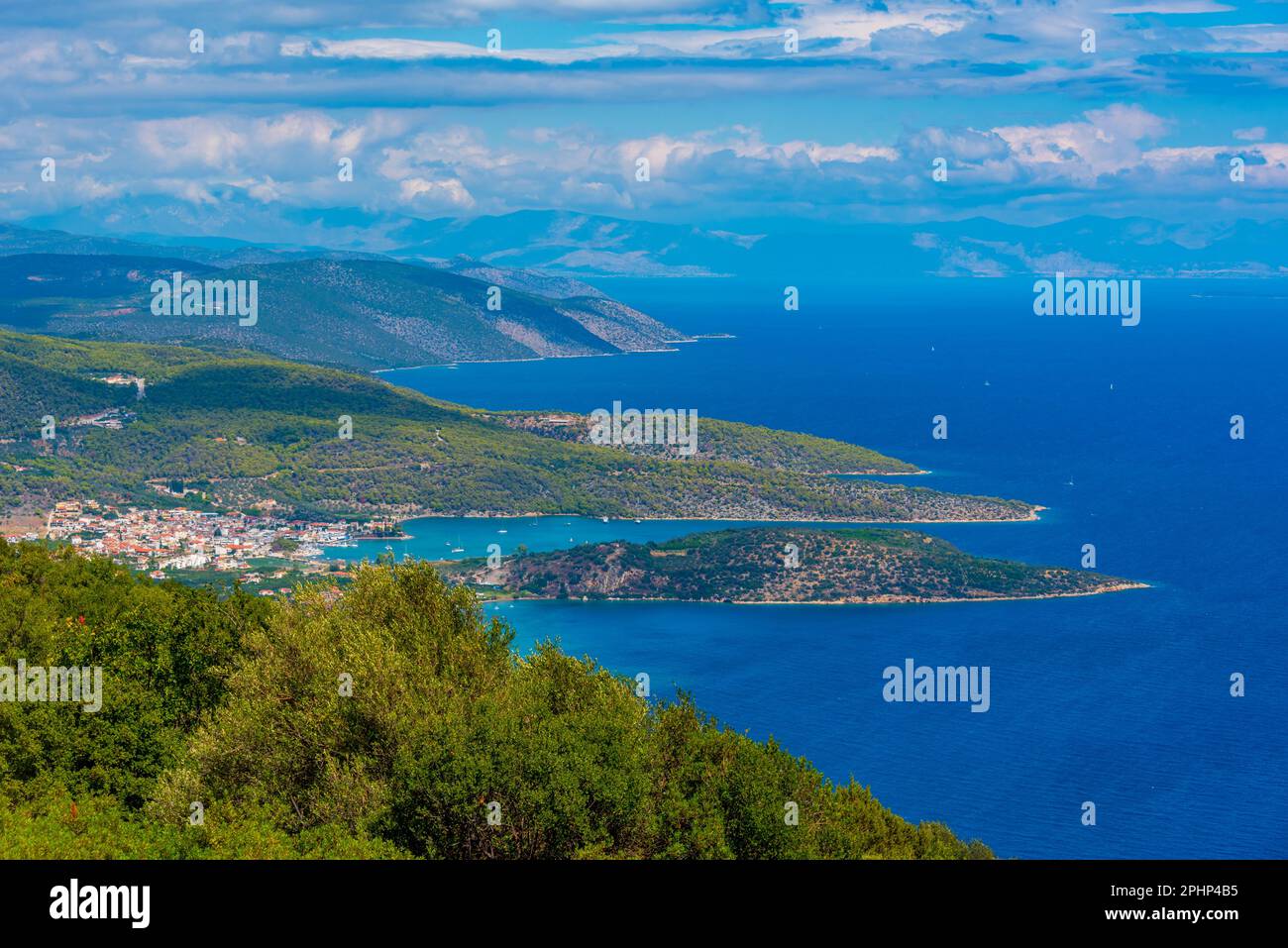 Panorama view of Palaia Epidavros and surrounding coastline in Greece ...