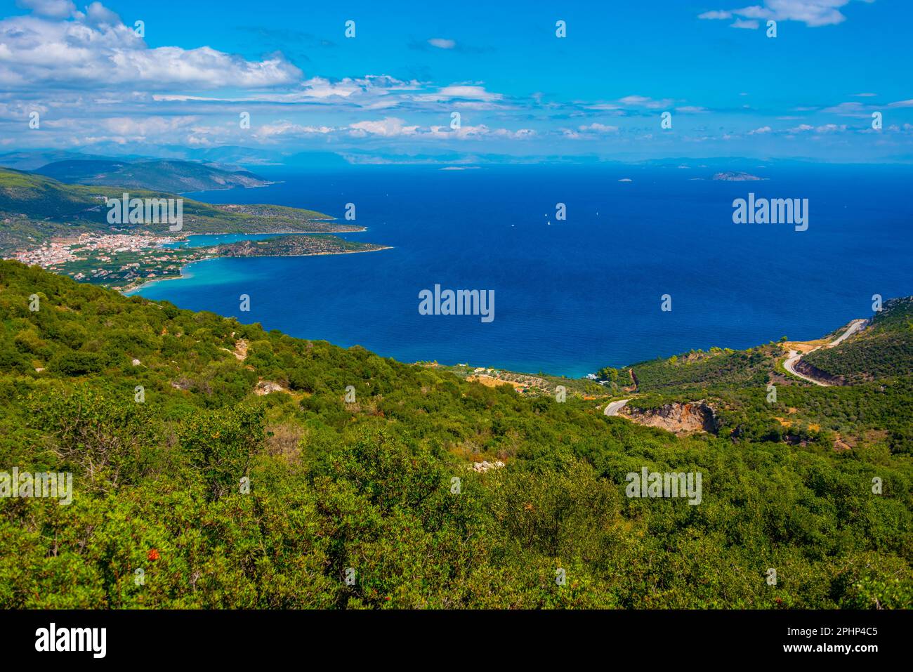 Panorama view of Palaia Epidavros and surrounding coastline in Greece ...