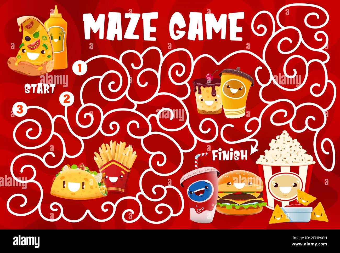 Labyrinth maze, funny cartoon takeaway fast food characters, vector ...
