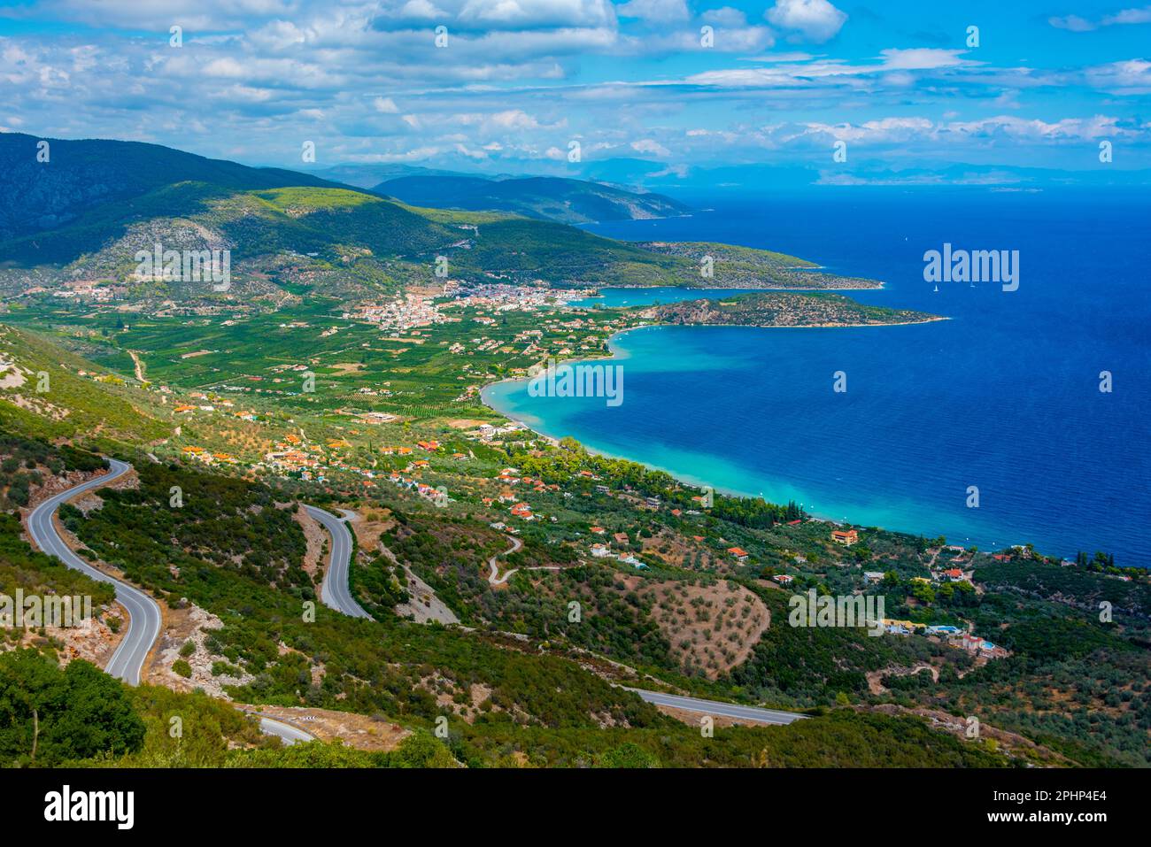 Panorama view of Palaia Epidavros and surrounding coastline in Greece ...