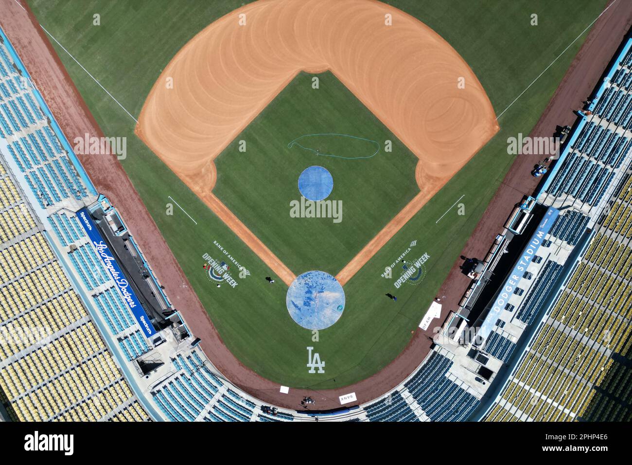 A general overall aerial view of the MLB Opening Week logo on the ...