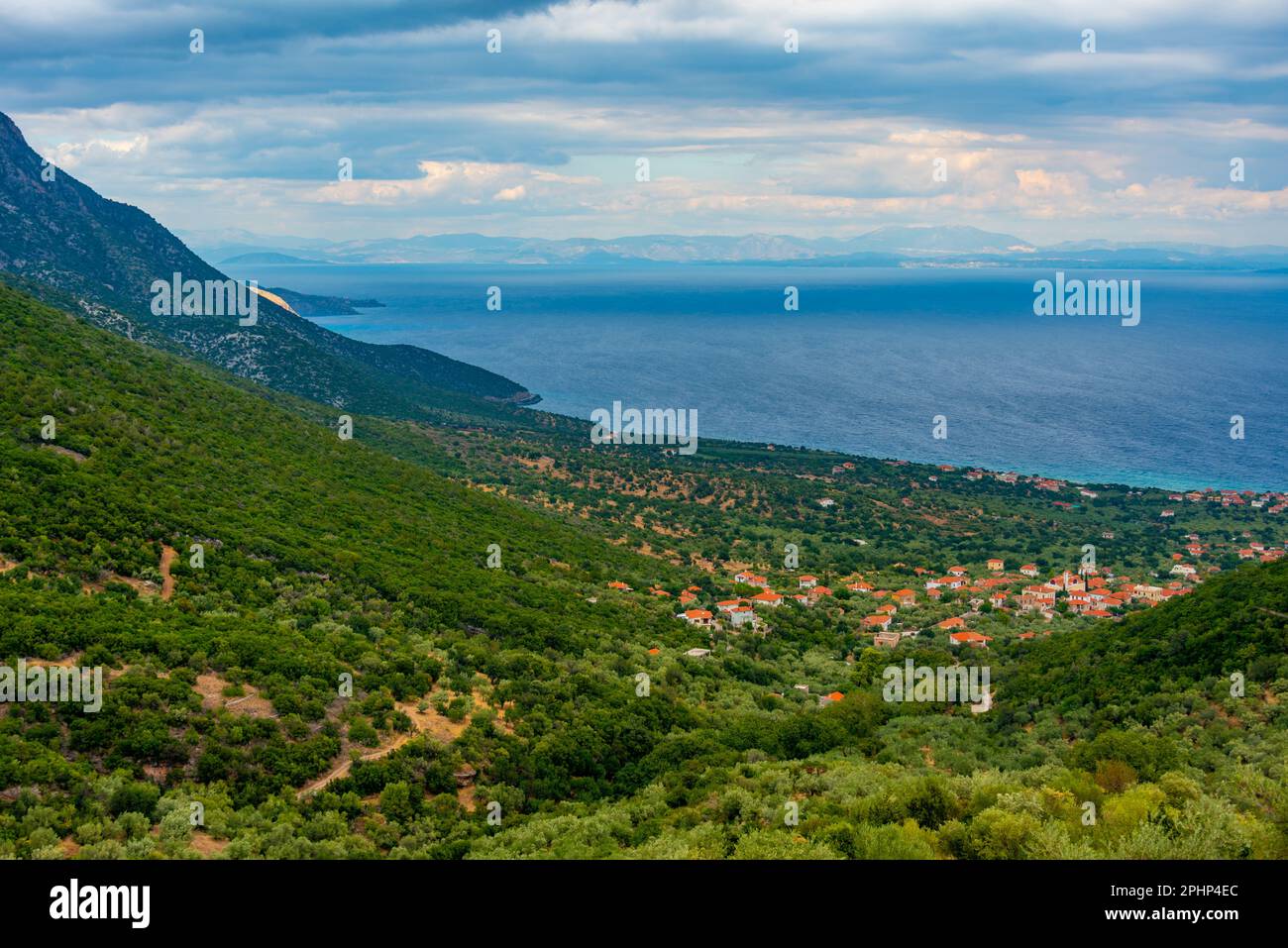 Panorama view of Poulithra village at Peloponnese island in Greece ...
