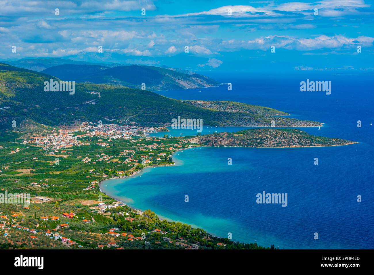 Panorama view of Palaia Epidavros and surrounding coastline in Greece ...