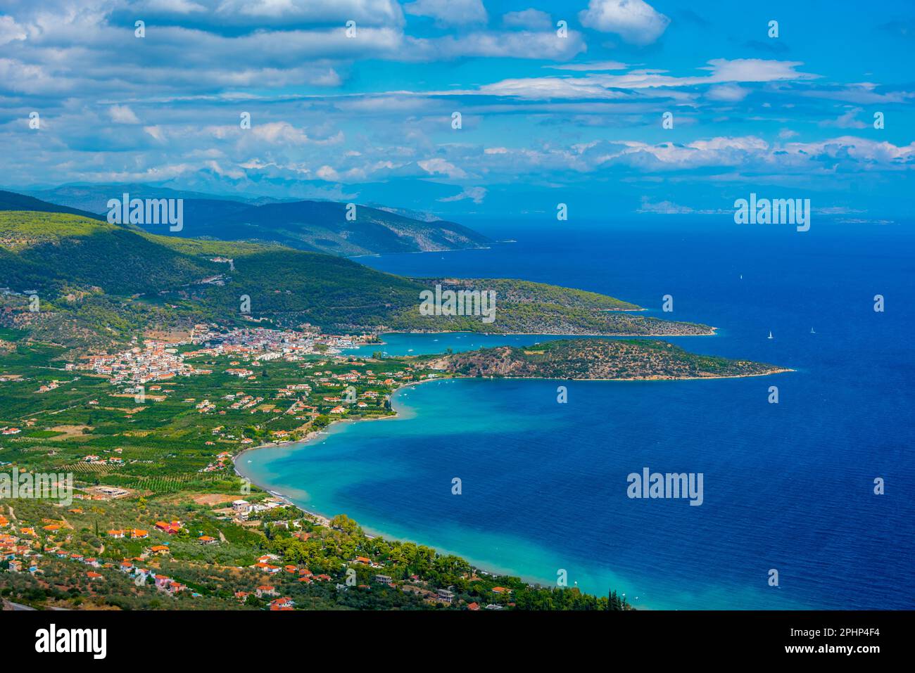 Panorama view of Palaia Epidavros and surrounding coastline in Greece ...